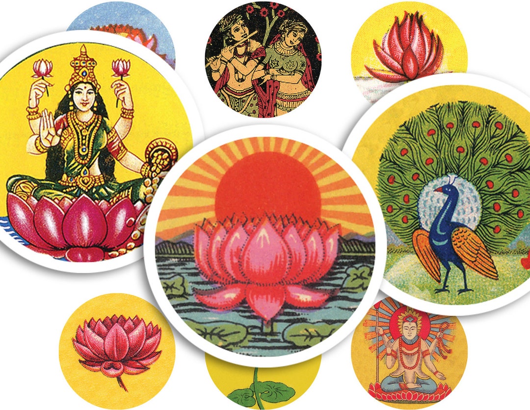 Printable Collage Sheet • Lotus Flower • 48 Pcs 1"/25mm Round Images ...