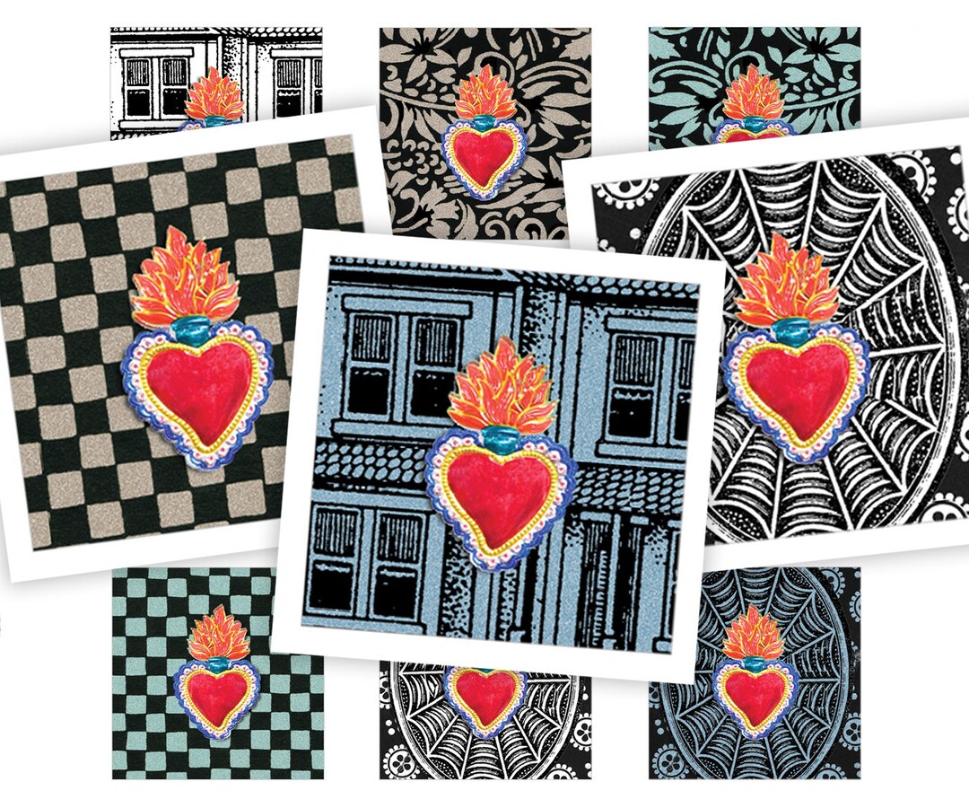 Printable Collage Sheet • Burning Heart • 48 Pcs 1"/25mm Square Images ...