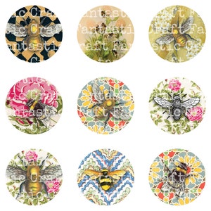 Printable Collage Sheet • Bees and Beehives • 48 Pcs 1"/25mm Round ...