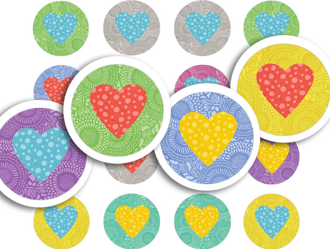 Printable Collage Sheet • Colorful Hearts • 88 Pcs ≈3/4"/20mm Round ...
