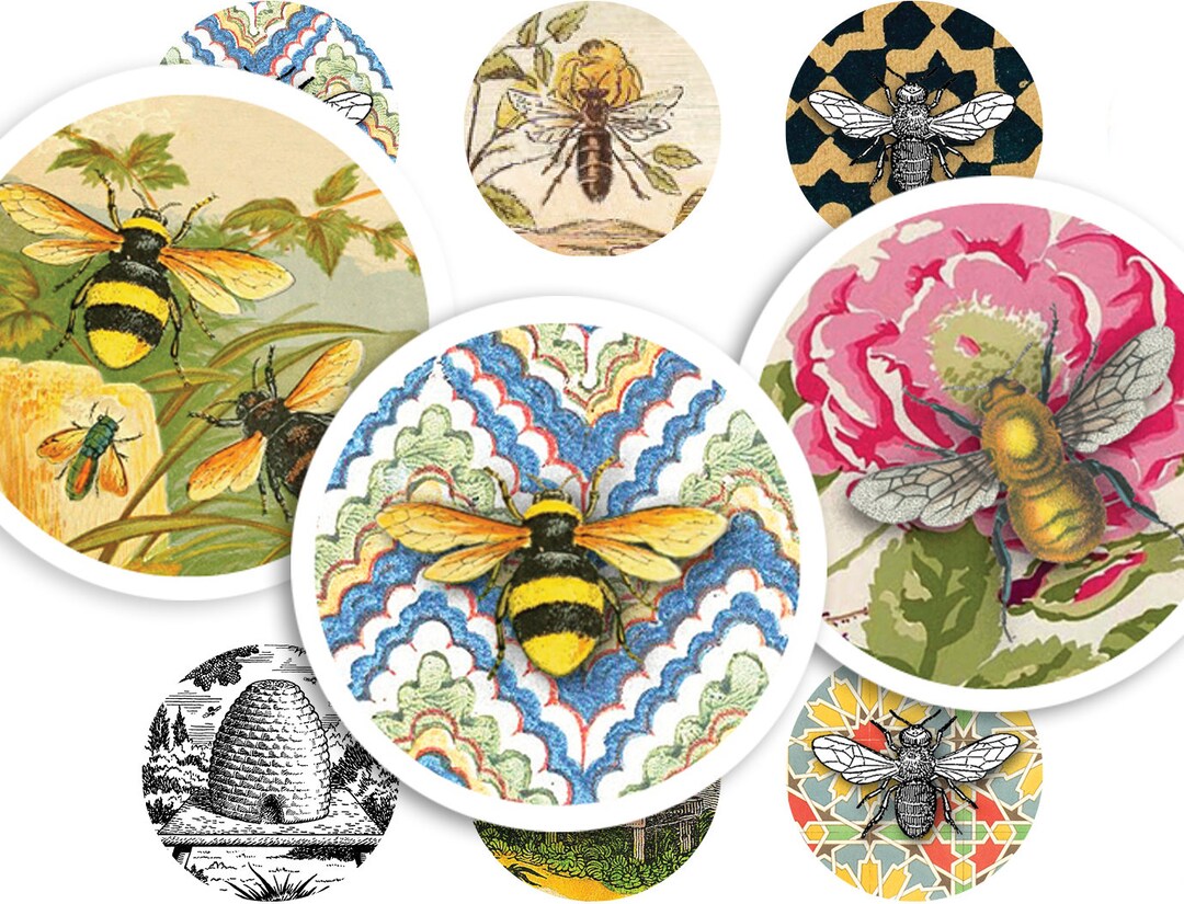 Printable Collage Sheet • Bees and Beehives • 48 Pcs 1"/25mm Round ...