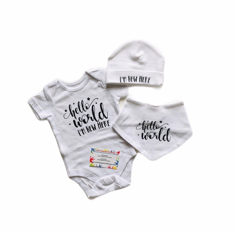 Hello world Im new here Baby Dribble Bib and hat Cute Baby | Etsy