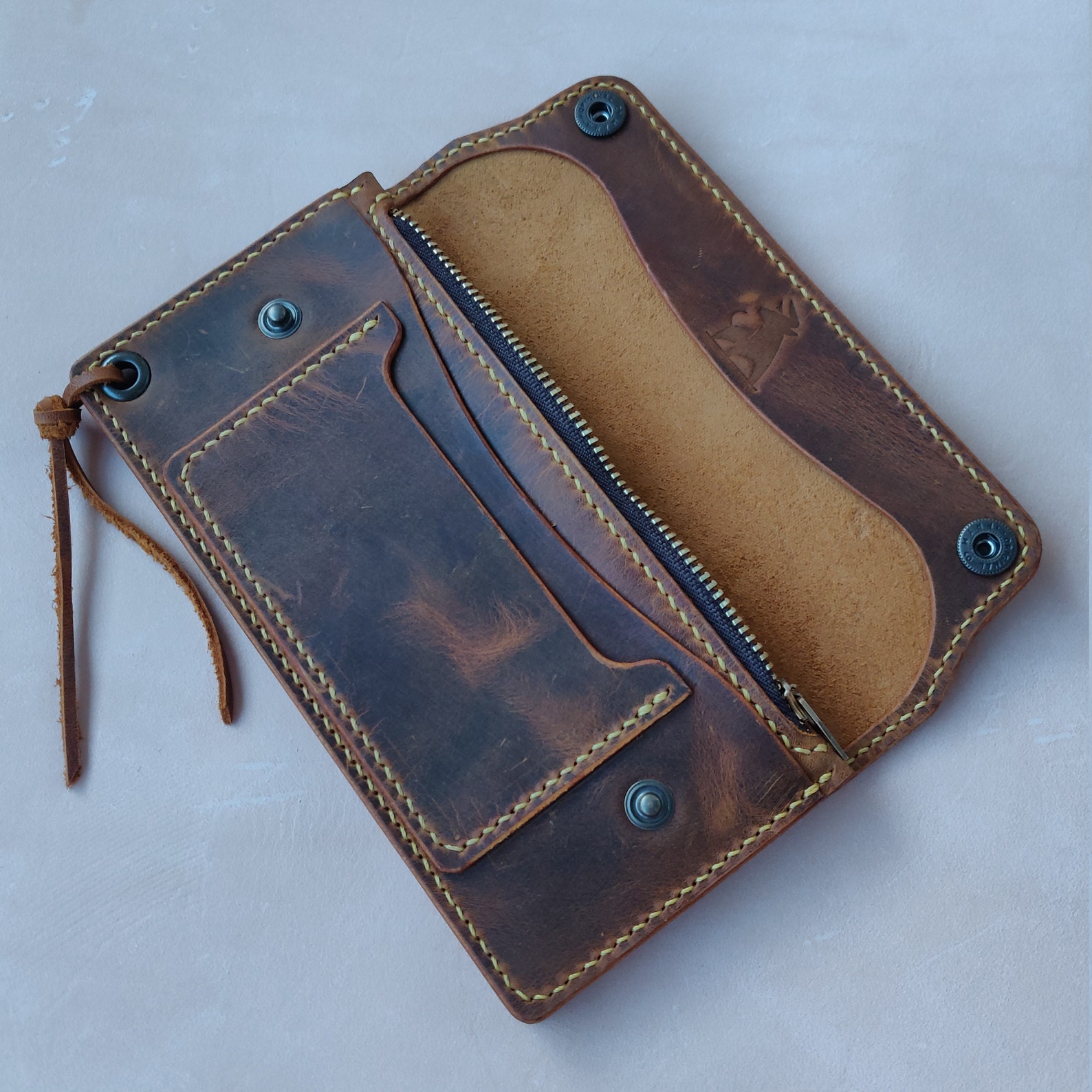 Handmade Brown Distressed Leather Long Trucker Wallet With Chain Ring ...