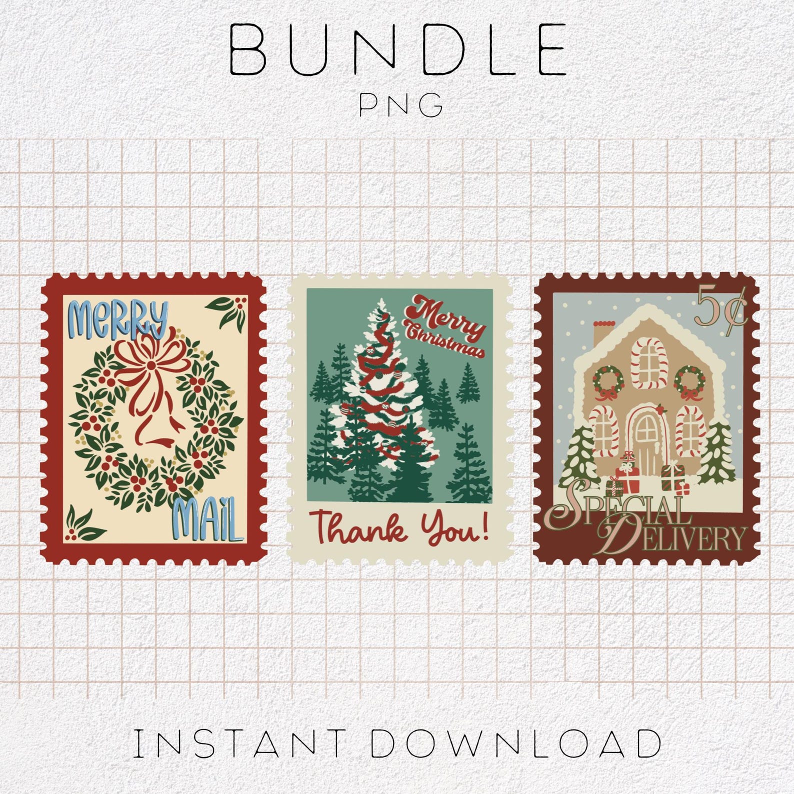 Vintage Christmas Stamps PNG Printable Bundle | Packaging Stickers Png ...
