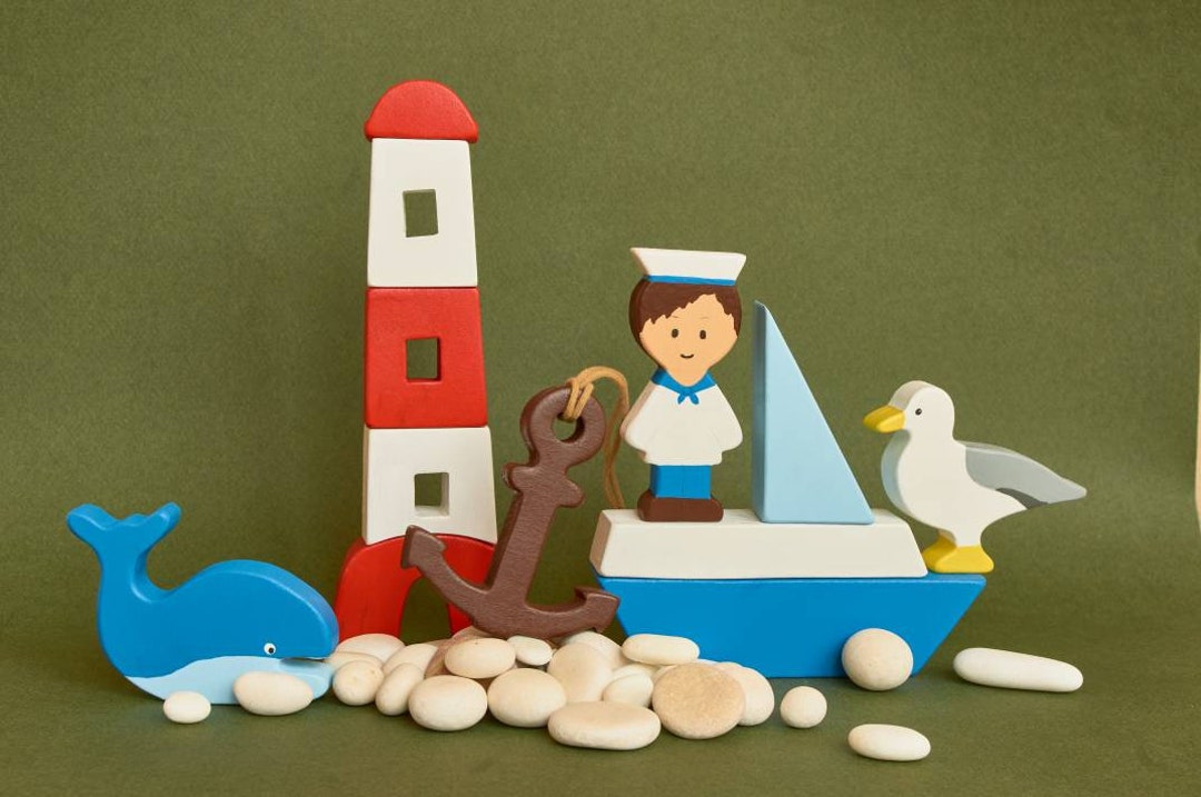 Wooden Marine Boat Lighthouse Figurines Sea Animals Toys - Etsy