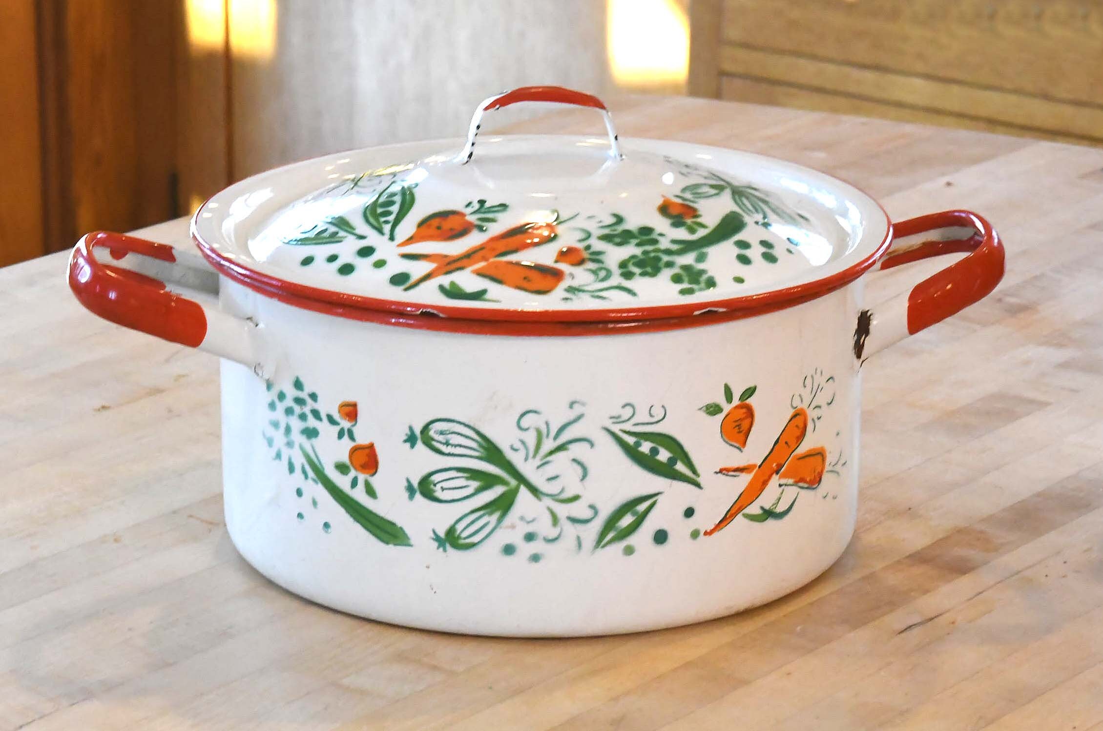 Rate Vintage Made in Poland Enamelware Pot Container With Lid Decorated ...