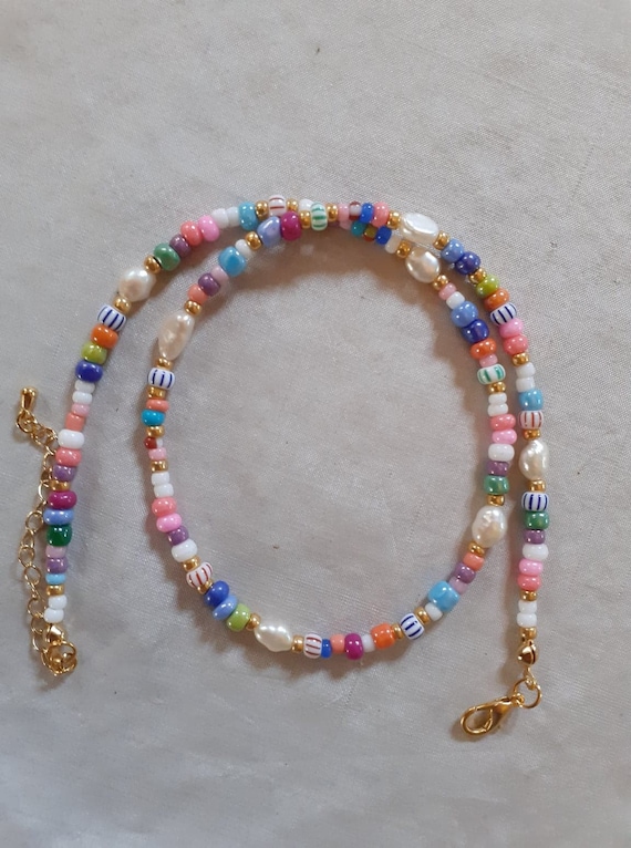 Colourful Bead and Pearl Necklace Beaded Necklace Beaded Choker Colourful Beaded Necklace Mothers Day Gift Pearl Choker BFF Gift Etsy