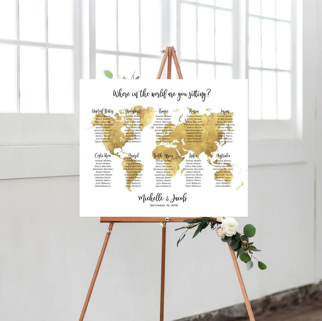 Editable Gold World Map Seating Chart, Includes 5 Table Sizes, up to ...