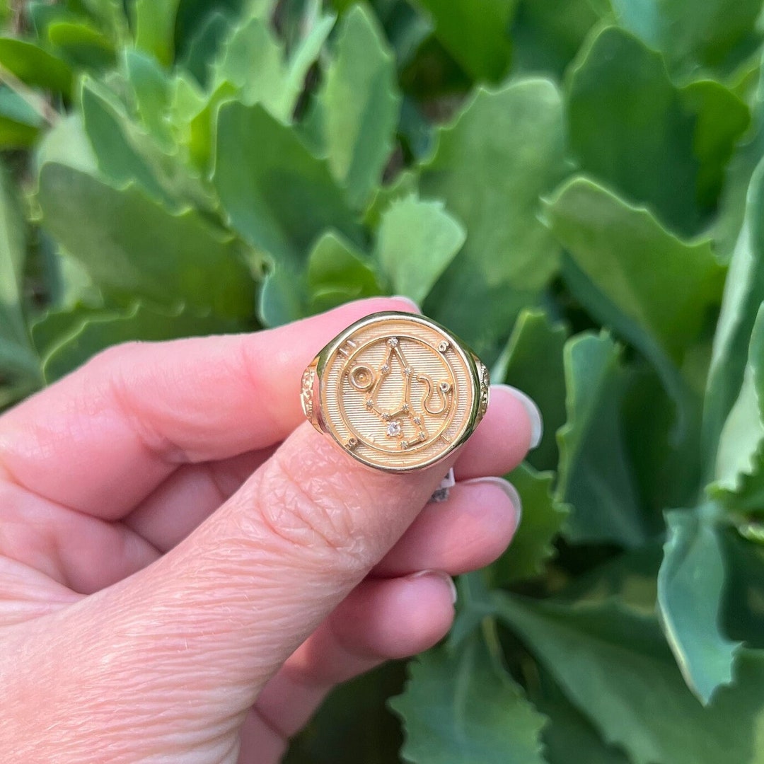 Vintage Leo Signet Ring 14k Yellow Gold and Diamond Horoscope Ring - Etsy