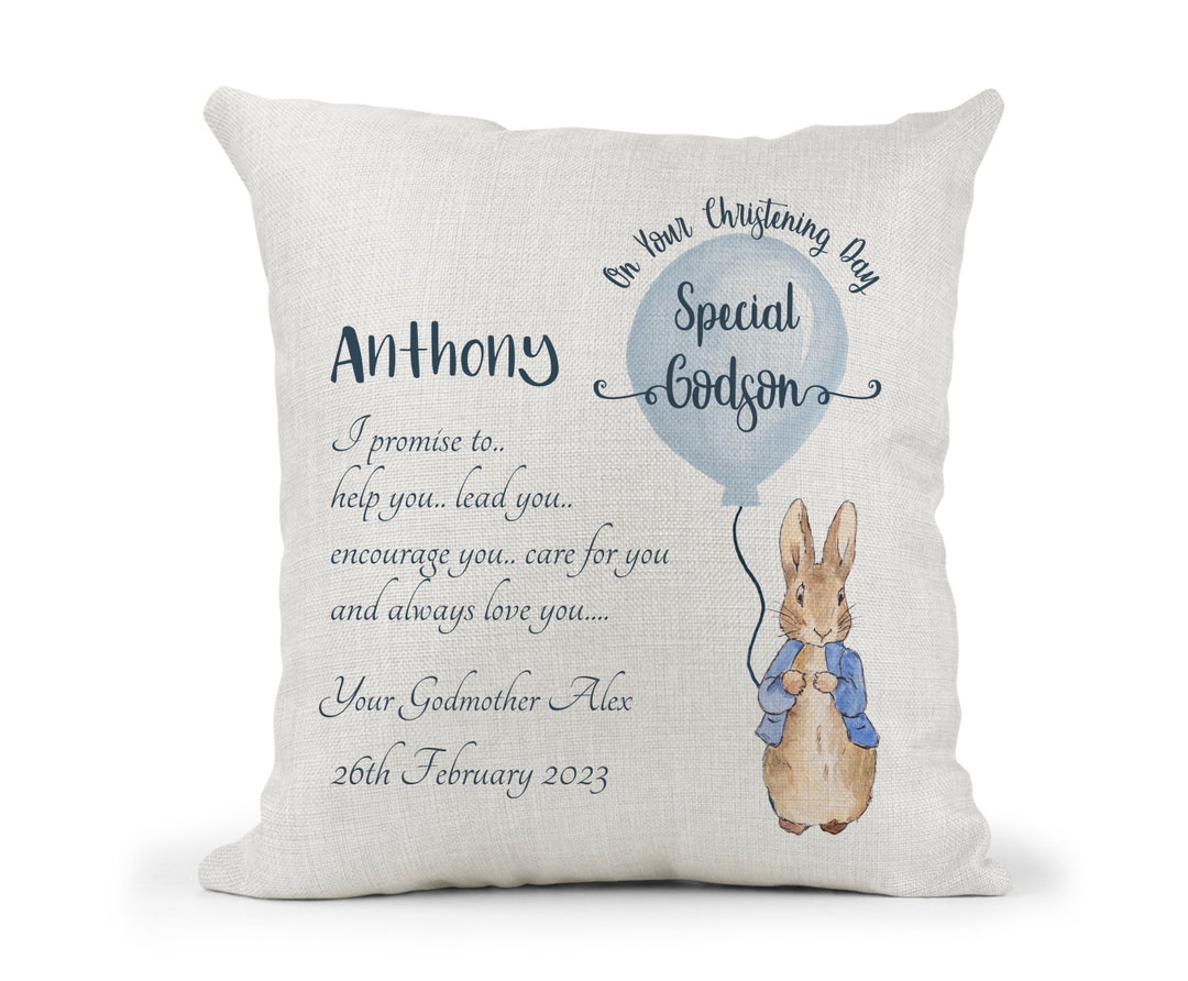Personalised Godson Peter Rabbit Cream Cushion. Boys Christening Gift ...