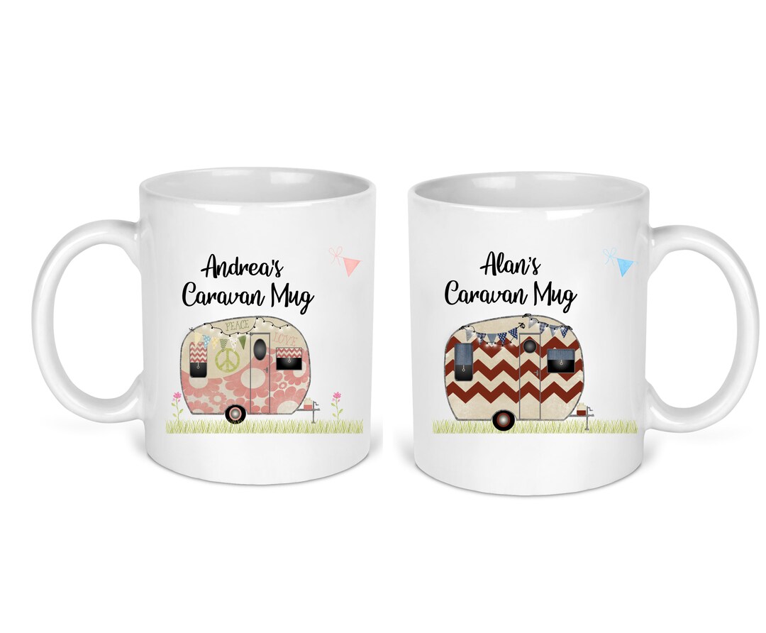 Personalised Caravan Mug and Coaster Set. Pink Blue, Campers, Wedding ...