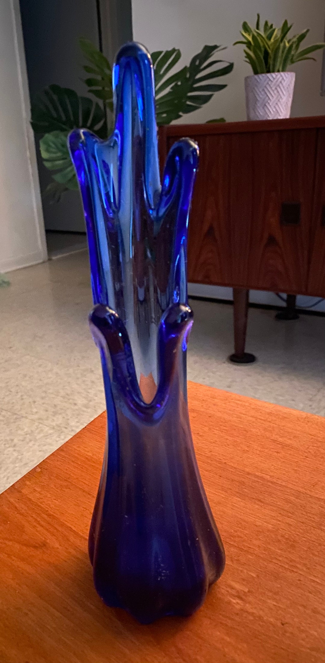 Cobalt Blue Swung Glass Vase Five Finger Vase MCM Vintage Glass Vase 11 ...