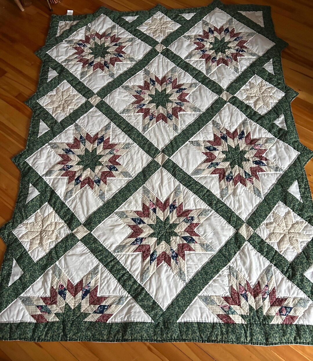 Vintage Lone Star Quilt 60x80 Green & Burgundy Floral Star Patchwork ...