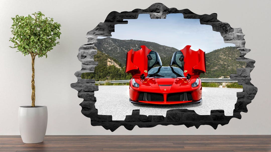 Red Super Car Wall Decal STICKER MURAL | 3D Breakthrough Vinyl Art for ...