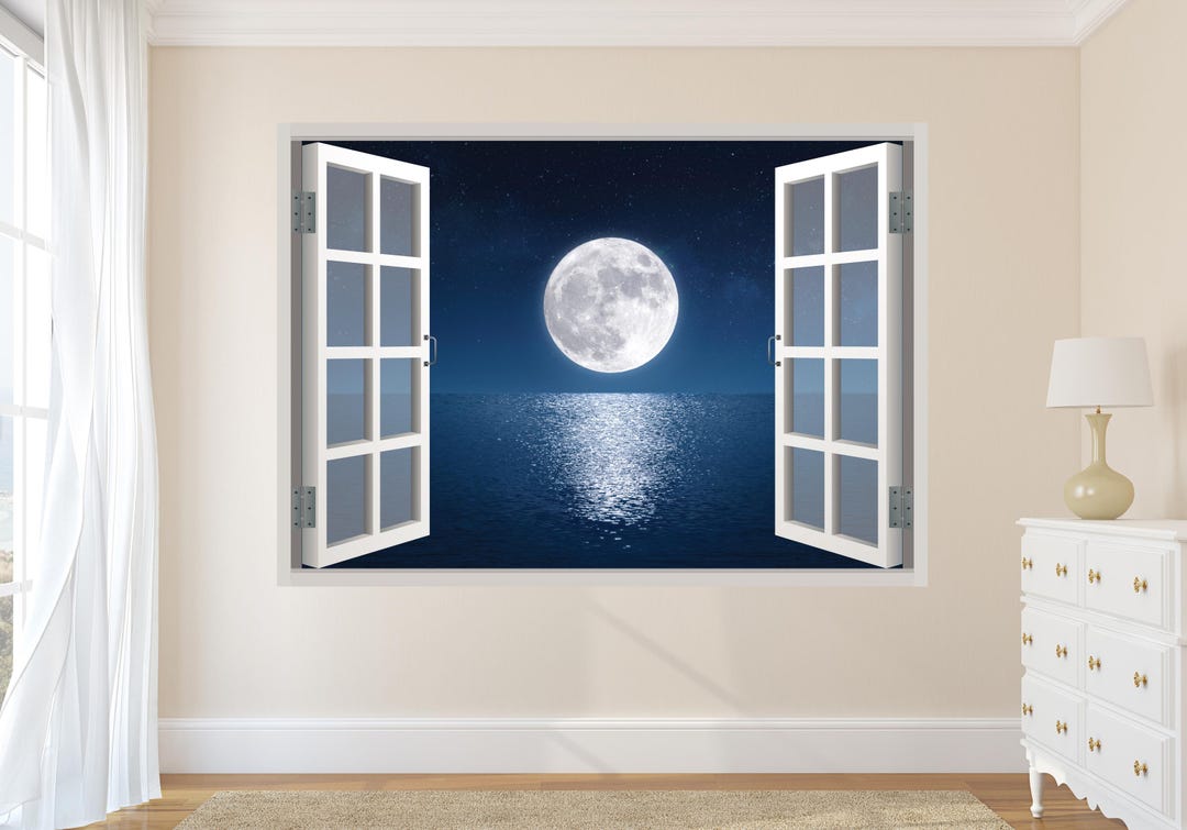 3D Window View Wall Decal Full Moon Over Ocean Night Landscape Sticker ...