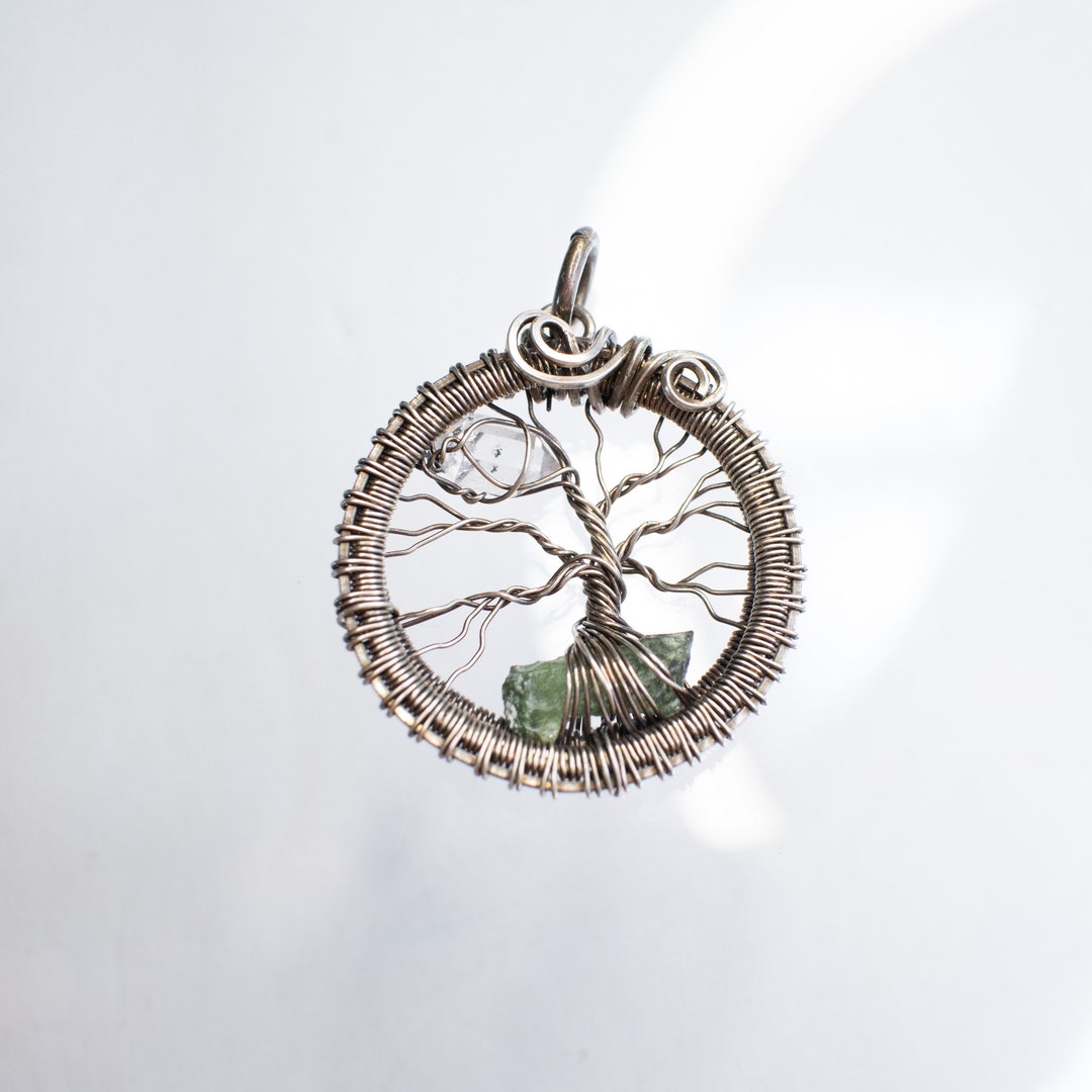 Moldavite With Herkimer Diamond Tree of Life Silver Necklace - Etsy