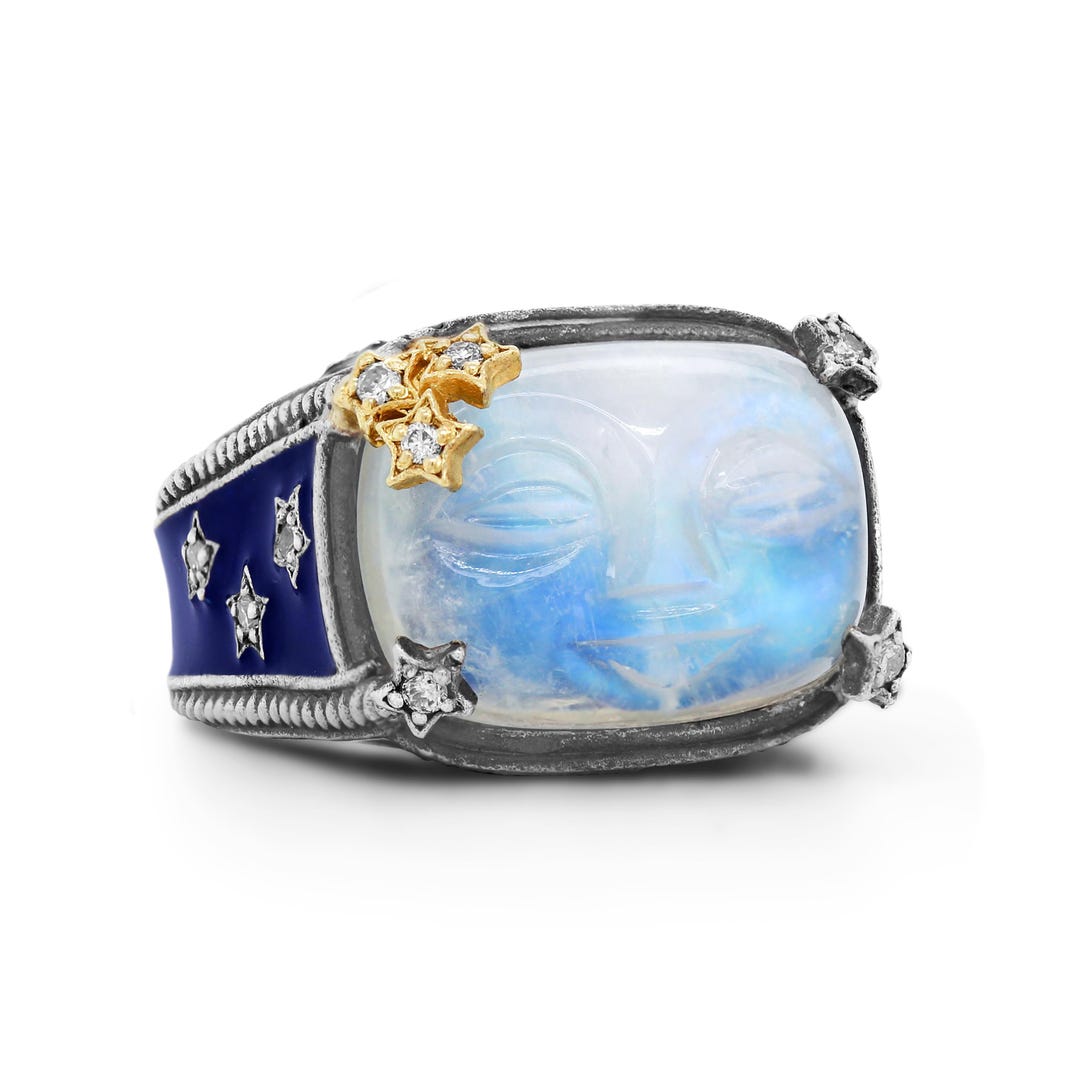 Rainbow Moonstone Man on Moon Face Carved Ring Sterling Silver 18K Gold ...