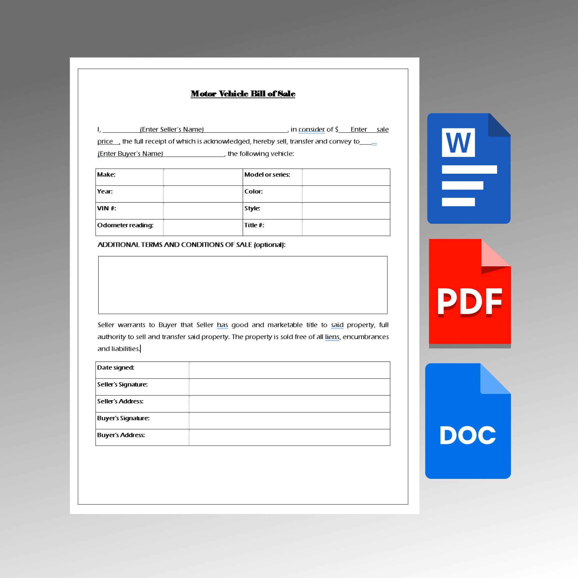 Notarized Bill of Sale Printable Motor Vehicle Bill of Sale Fillable ...