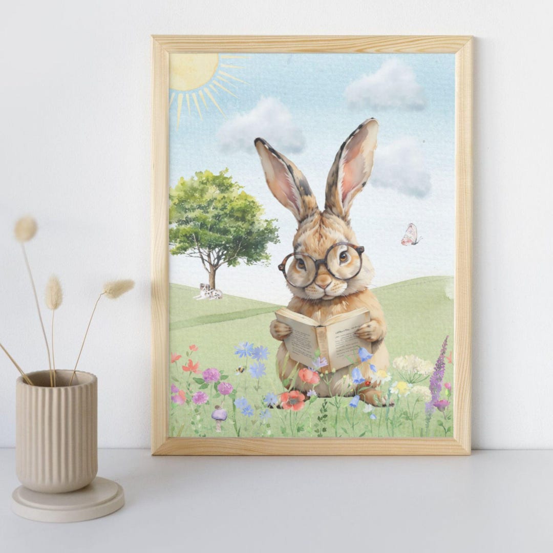 Watercolor Easter Bunny Reading Book With Big Glasses Digital Download ...