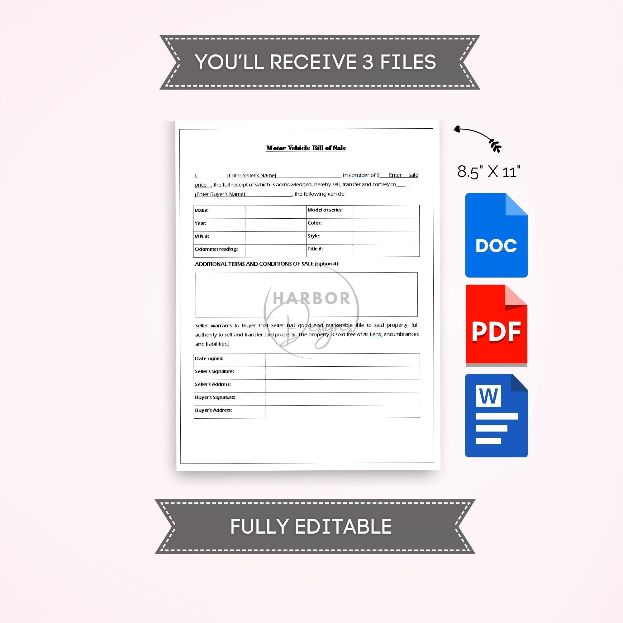 Notarized Bill of Sale Printable Motor Vehicle Bill of Sale Fillable ...