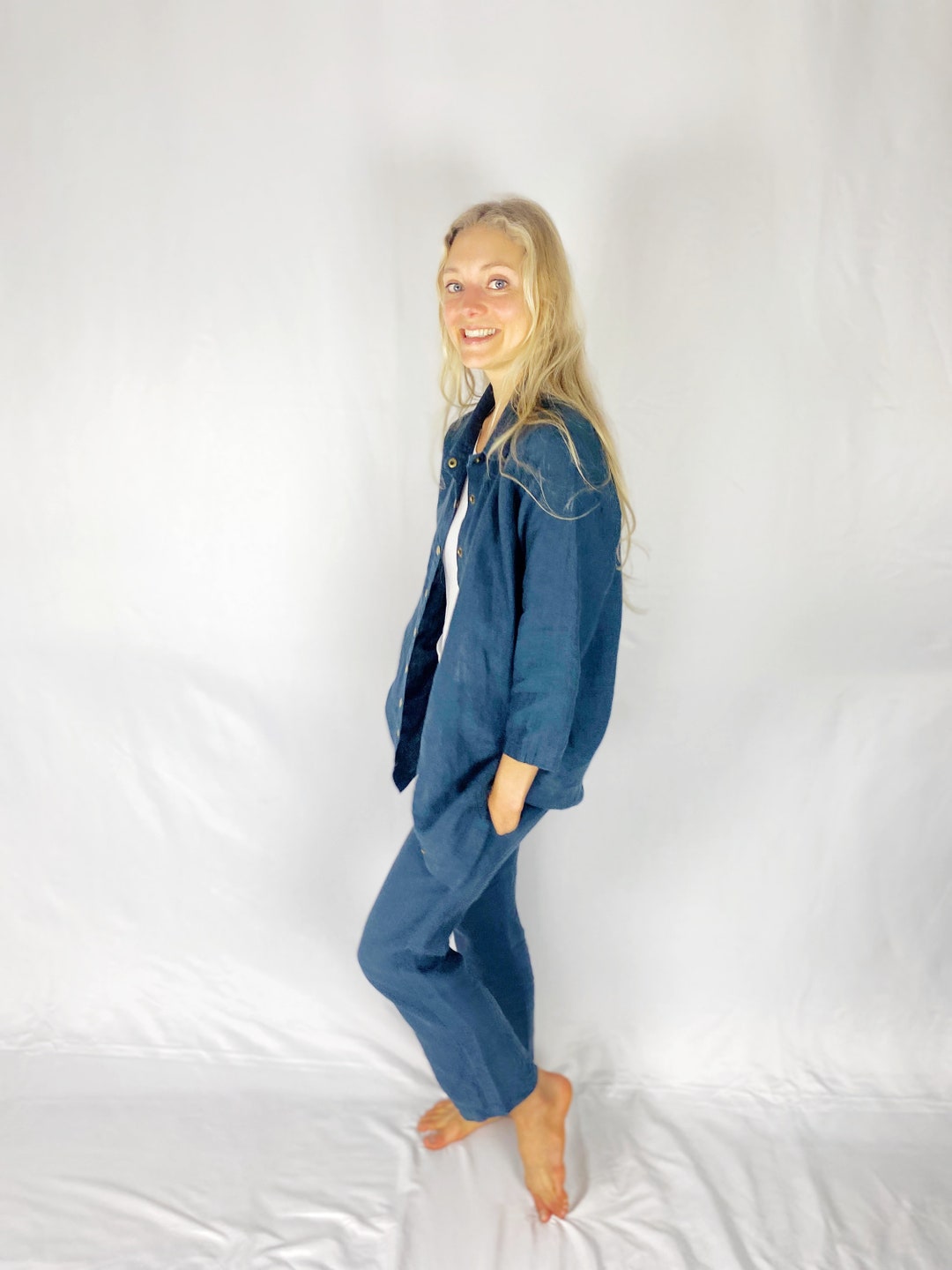 Organic Charcoal Blue Linen Lounge Set Two-piece Shirt With Snaps and ...