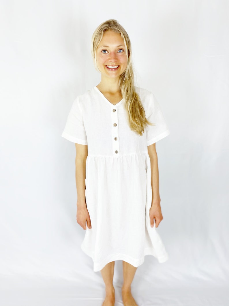 Linen Dress With Short Sleeves and Hidden Side Pockets / White - Etsy