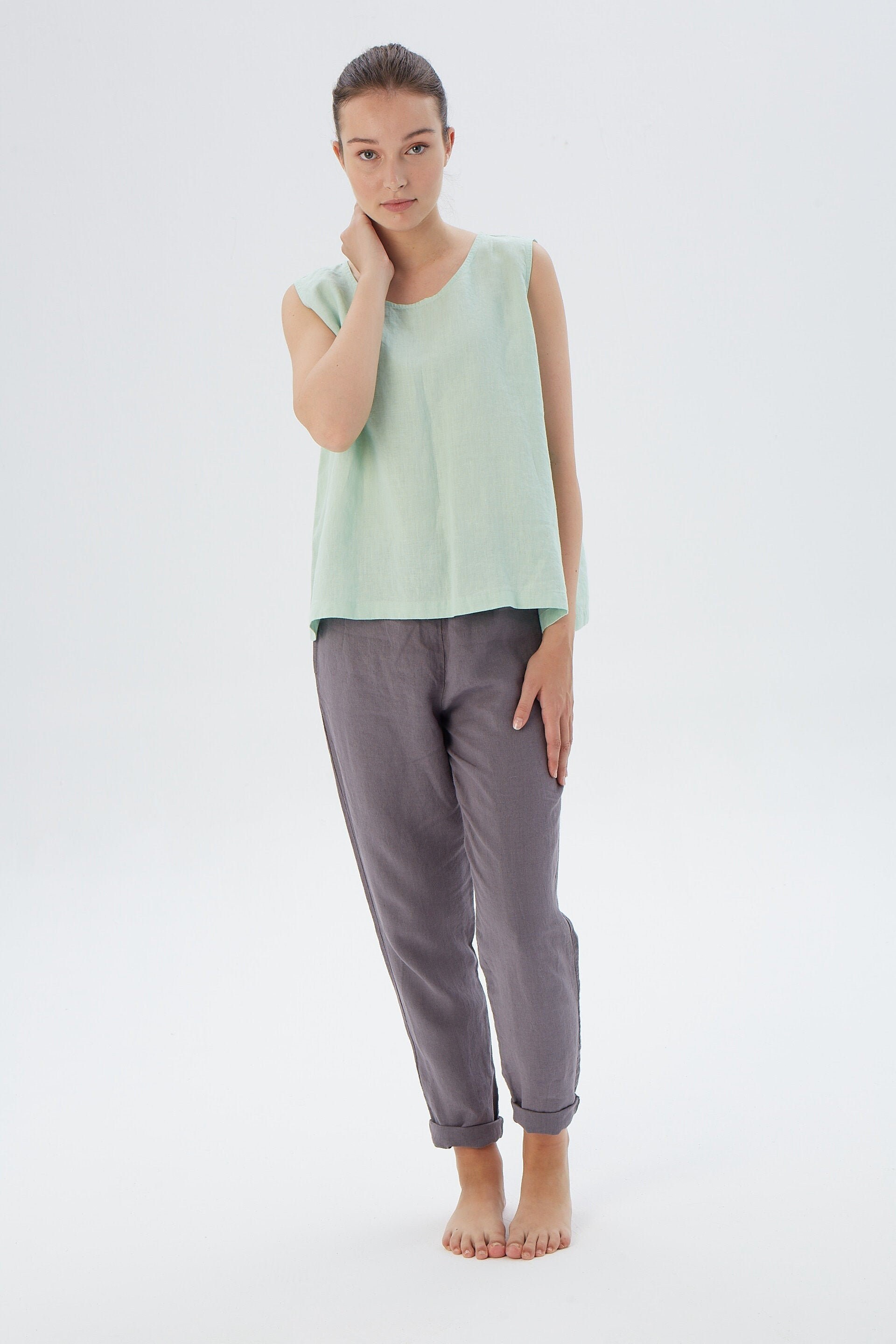 Simple linen top MANHATTAN / Washed linen sleeveless loose blouse ...