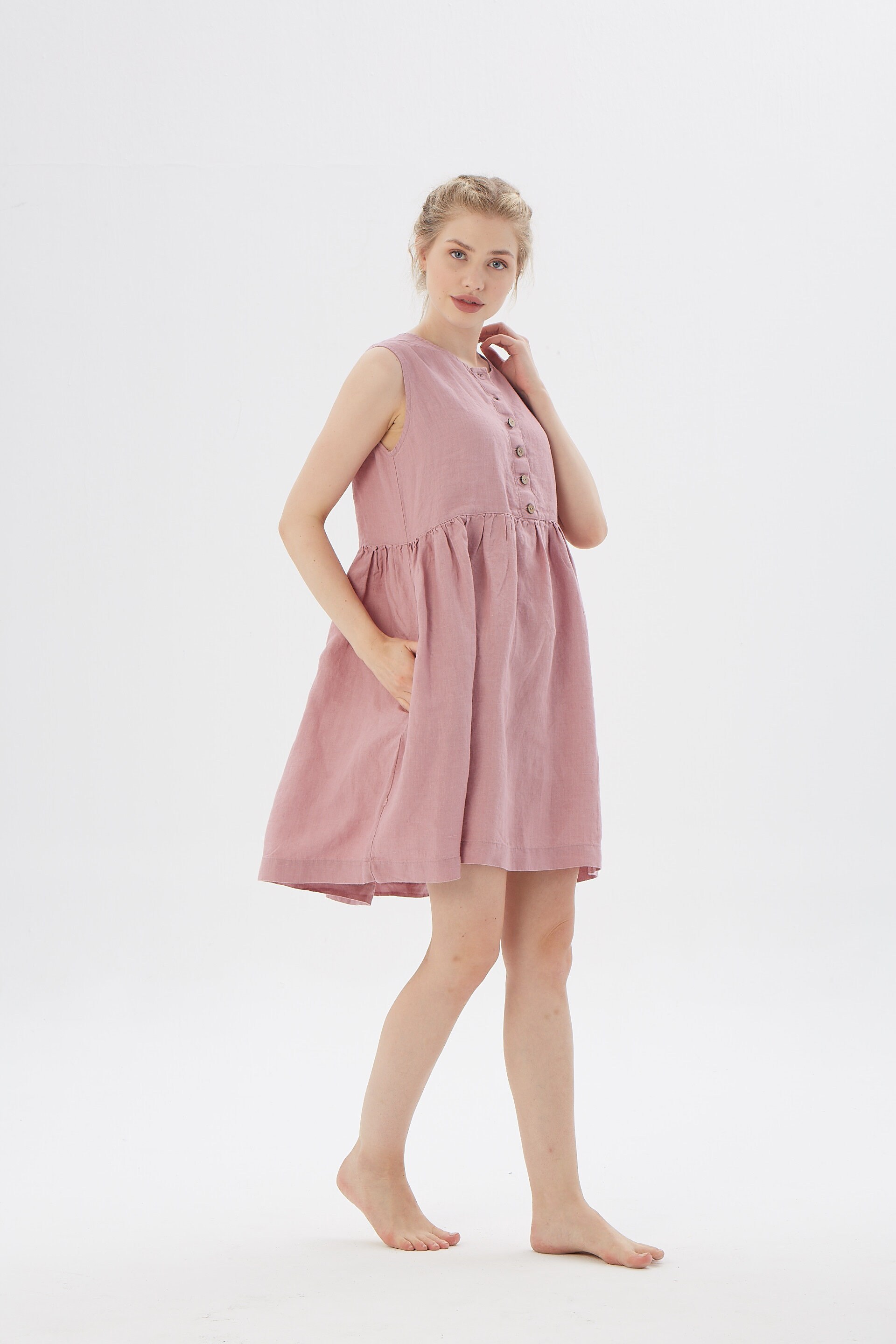 Linen Loose Sleeveless Dress With Hidden Side Pockets Malibu