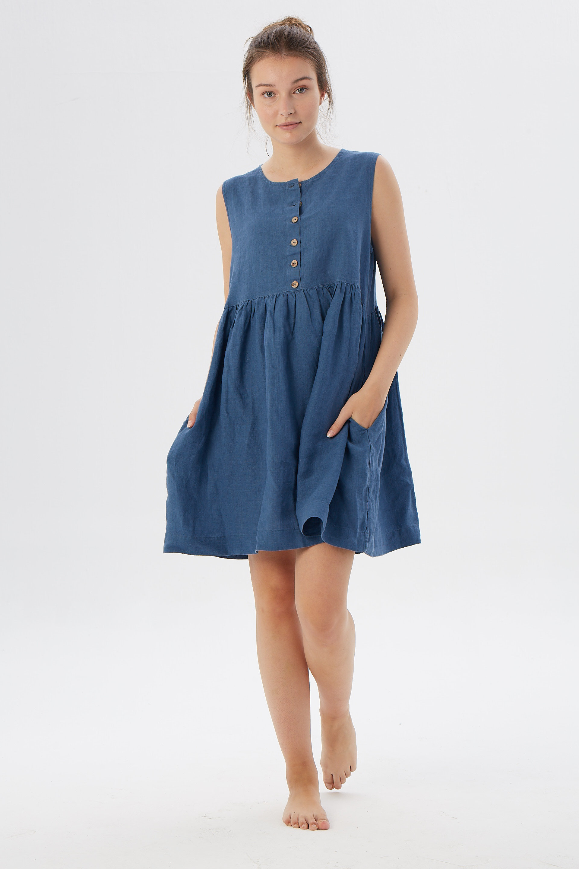 Linen loose sleeveless dress with hidden side pockets, MALIBU / Washed ...