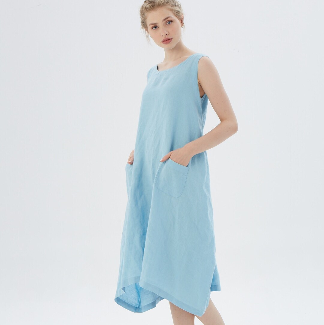Sleeveless Linen Dress, SANTA BARBARA / Pure Linen Dress With Wooden ...