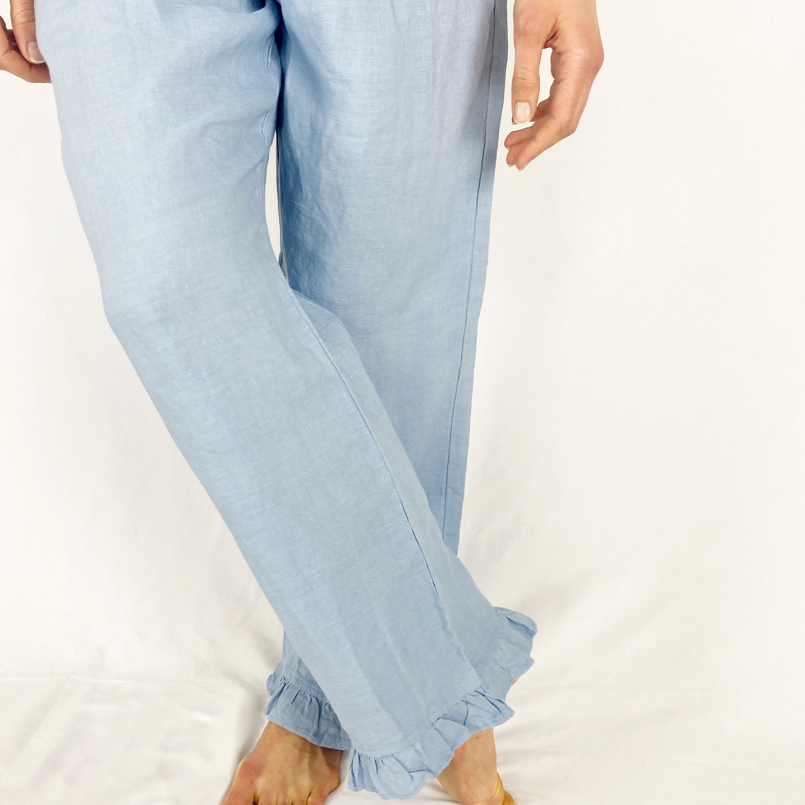 Linen Pants With Ruffles / Linen Pants With Elastic Waist / Linen Blue ...