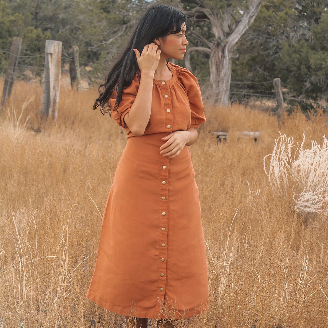 Long Linen Dress, Linen Dress With Snaps and Back Tie, Redwood Linen ...
