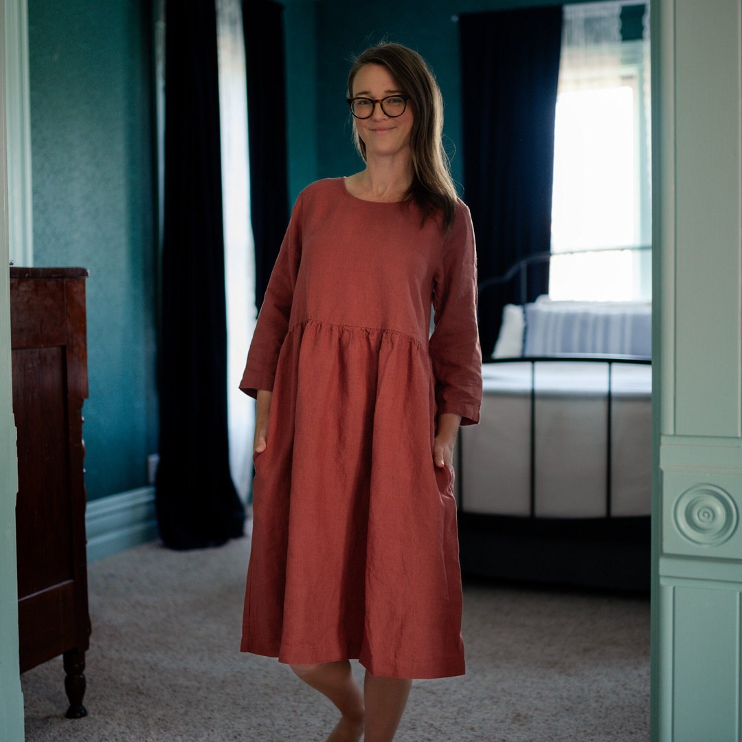 Linen Fall Dress With Long Sleeves, Linen Dress Pockets, LA JOLLA ...