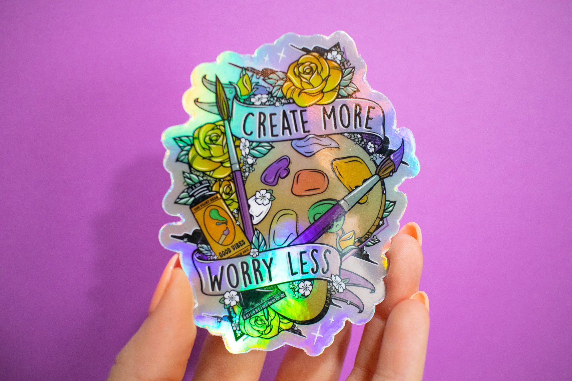 Create More Worry Less Holographic Sticker Colorful Artist - Etsy
