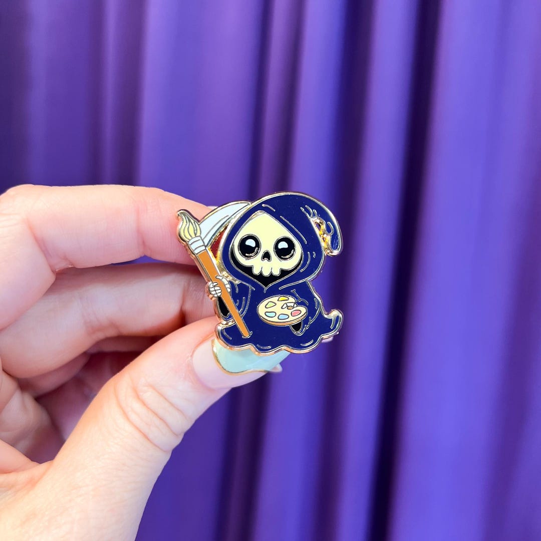 Grim Reaper Artist Enamel Pin – Cute Skeleton With Paintbrush & Palette ...