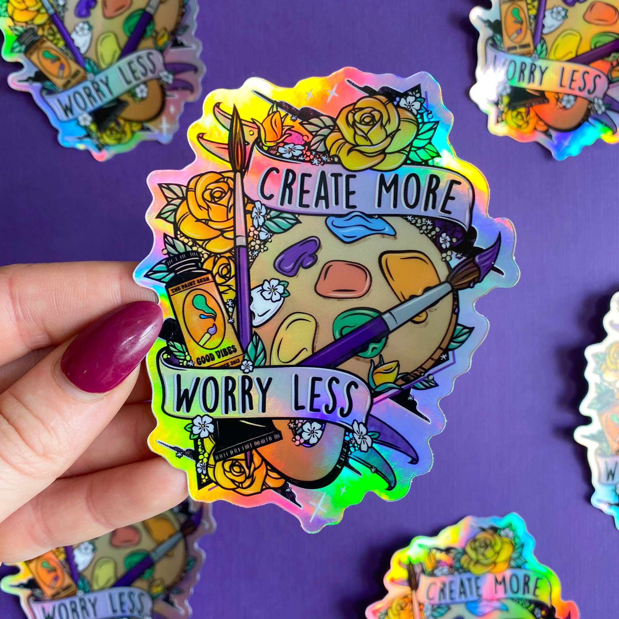 Create More Worry Less Holographic Sticker Colorful Artist - Etsy