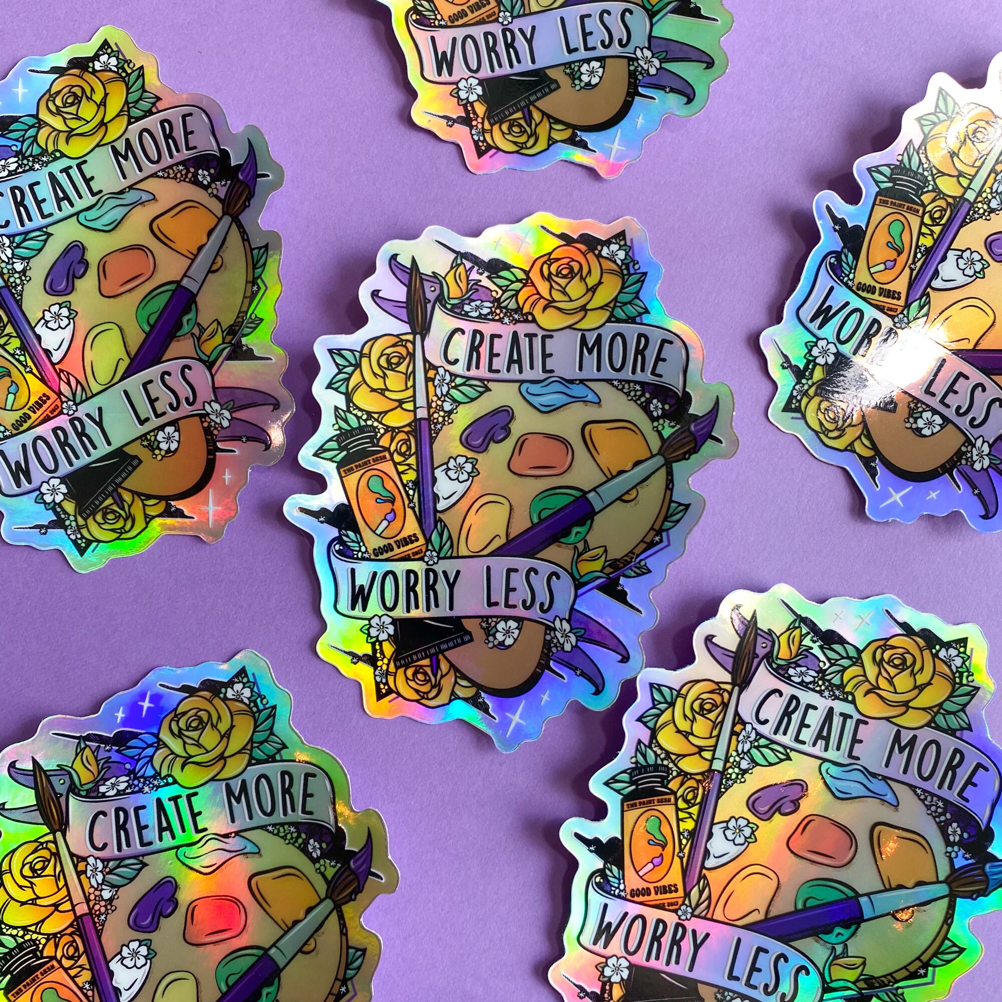 Create More Worry Less Holographic Sticker Colorful Artist - Etsy