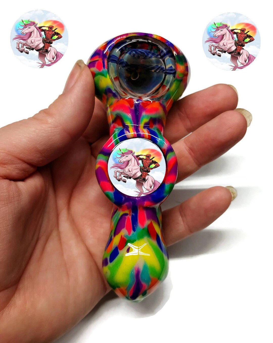 Custom Deadpool Riding a Unicorn Glass Smoking Pipe, Girly Pipes ...