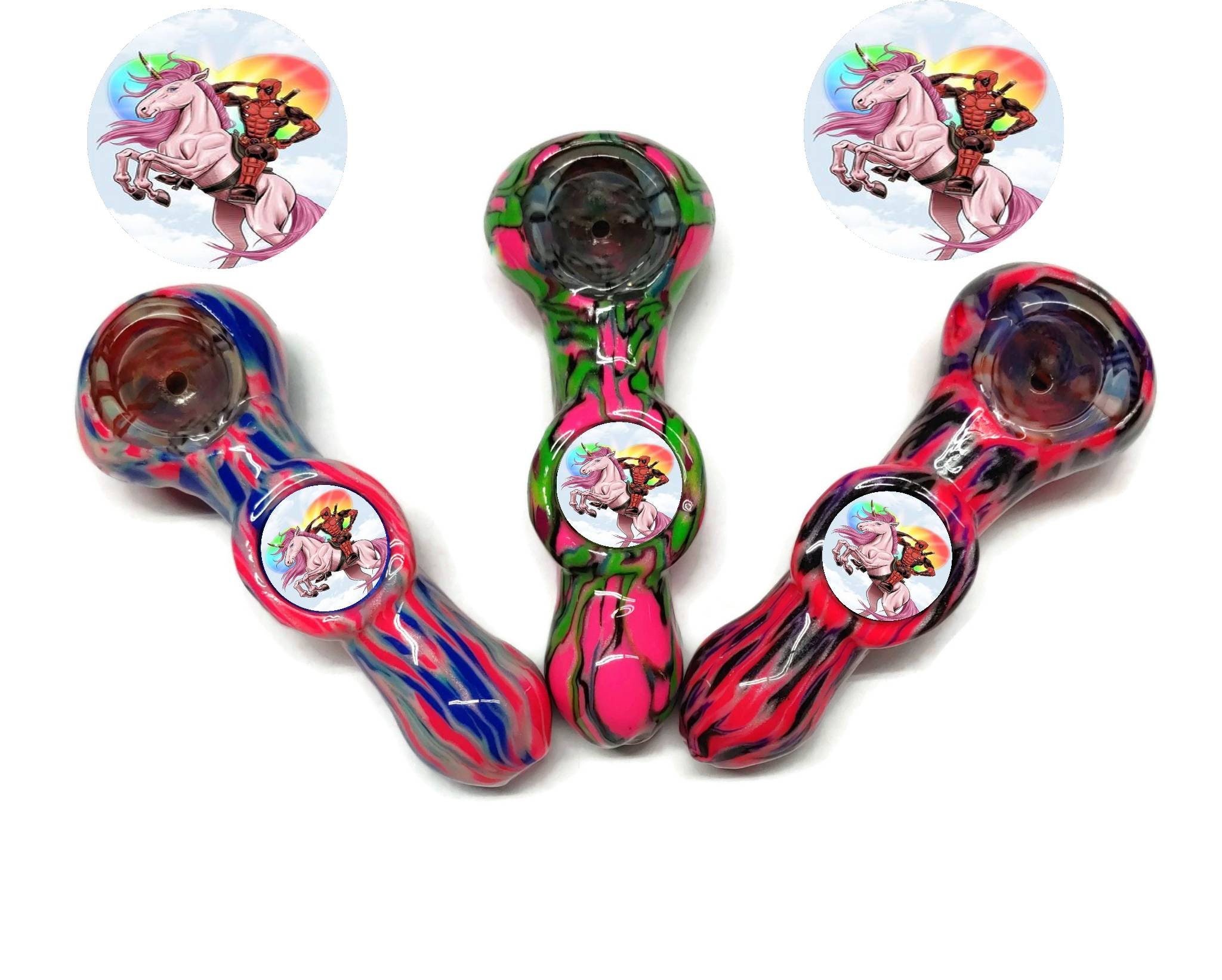 Custom Deadpool Riding a Unicorn Glass Smoking Pipe, Girly Pipes ...