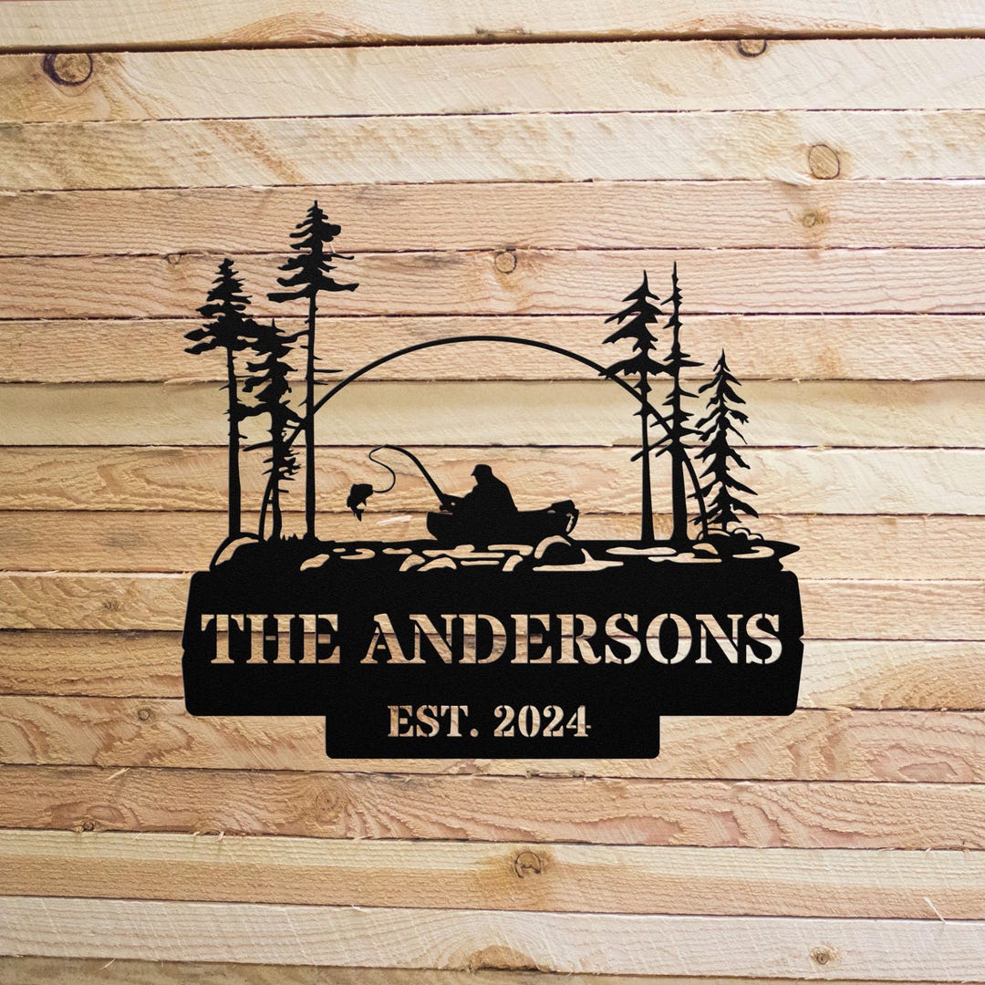 Metal Fishing Boat Scene Name Sign | Outdoor Cabin Decor | Fishing Gift ...