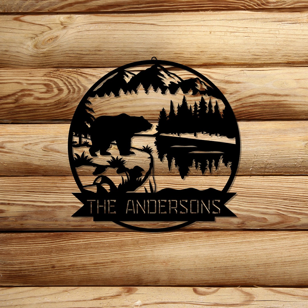 Personalized Monogram Bear Metal Mountain Cabin Sign Last Name Sign ...
