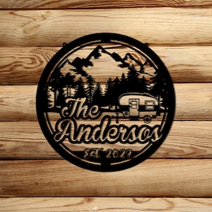 Campsite MOUNTAIN SCENE Monogram | Custom Metal Name Sign | Outdoor ...