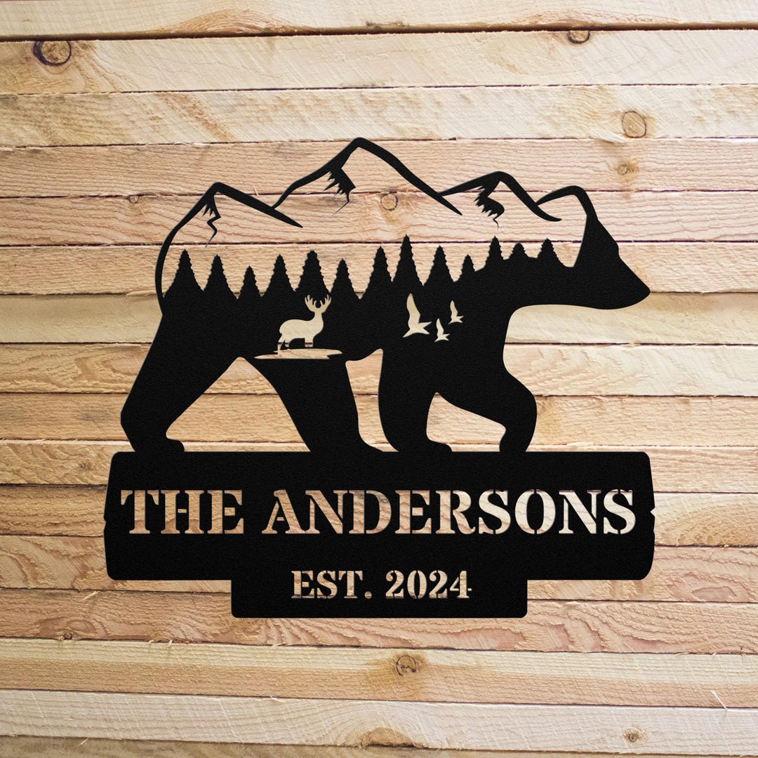 Wilderness Bear Cabin Sign, Mountain Decor Personalized Metal Bear Sign ...
