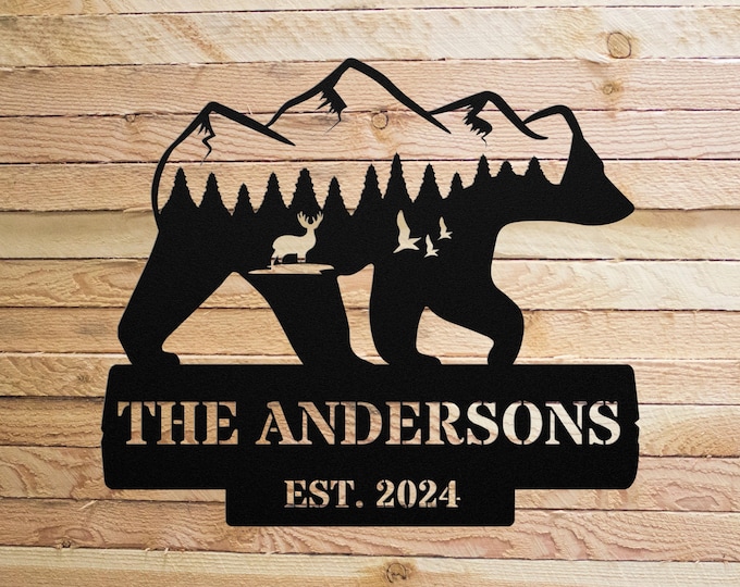 Wilderness Bear Cabin Sign, Mountain Decor Personalized Metal Bear Sign ...
