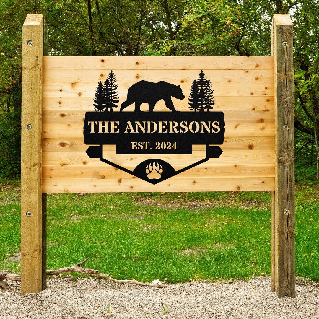 Wilderness Bear Cabin Sign, Mountain Decor Personalized Metal Bear Sign ...