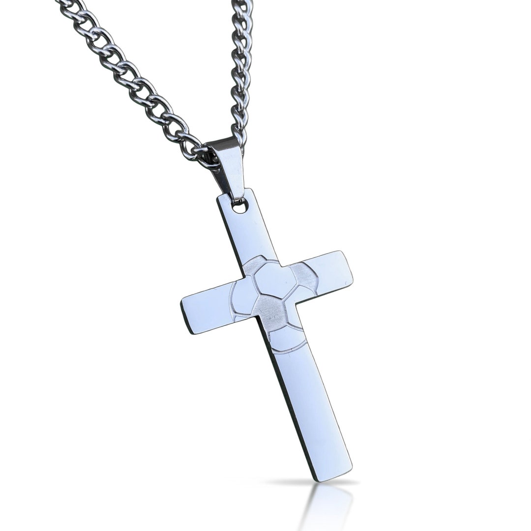 Soccer Cross Pendant With Chain Necklace - Stainless Steel - Engraving ...