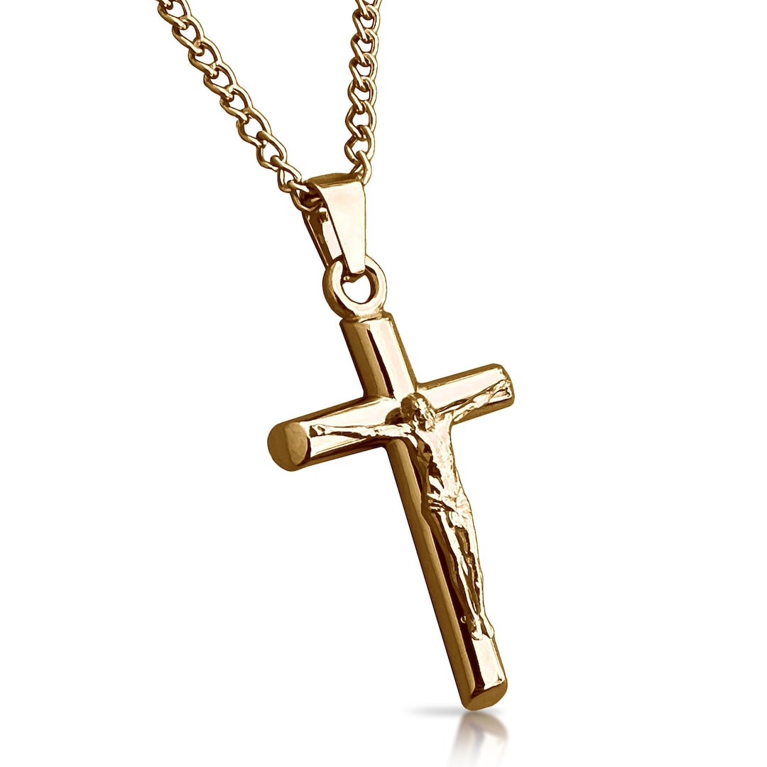 14K Gold Plated Crucifix Pendant With Chain Necklace - Stainless Steel ...