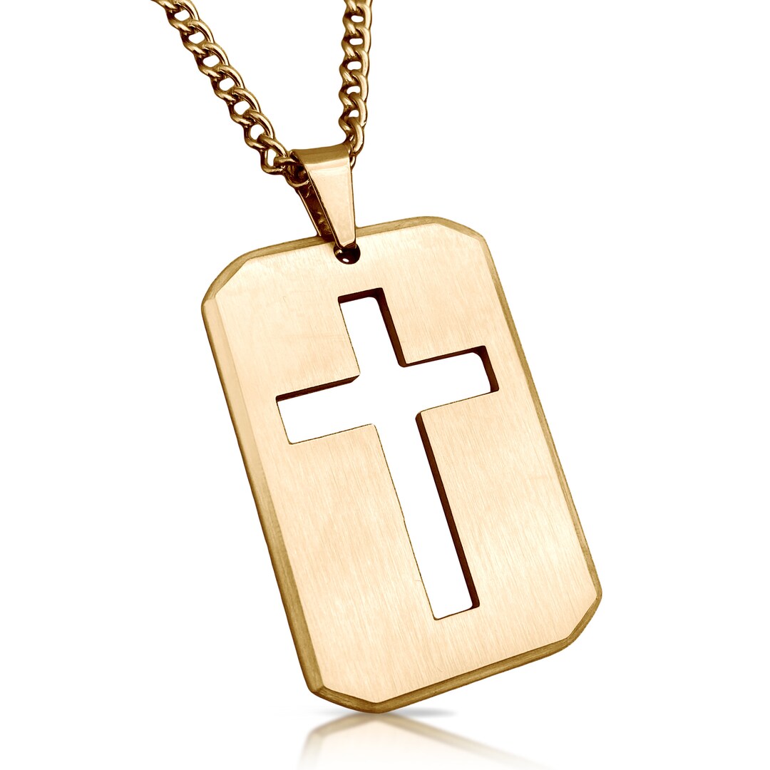 14K Gold Plated Cross Cut Out Pendant With Chain Necklace - Stainless ...