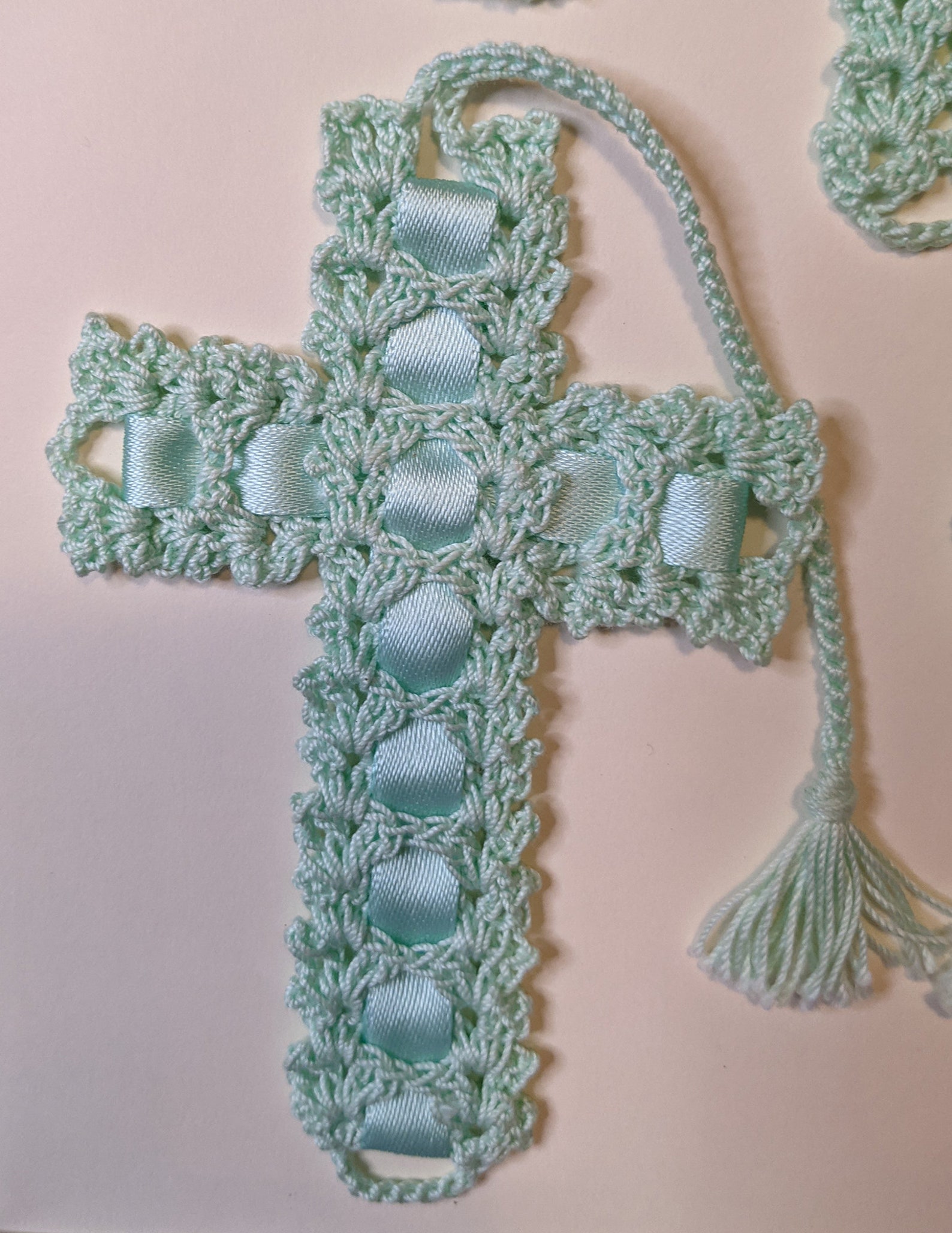 Mint Green Handcrocheted Cross Bookmark for Churches, Baptisms ...