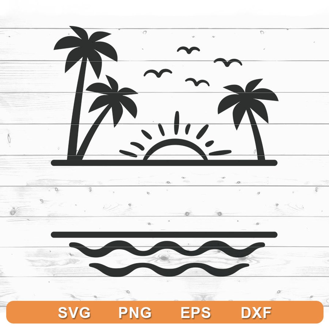Palm Tree Split Frame SVG Cut File Beach Monogram Frame, Ocean Waves ...